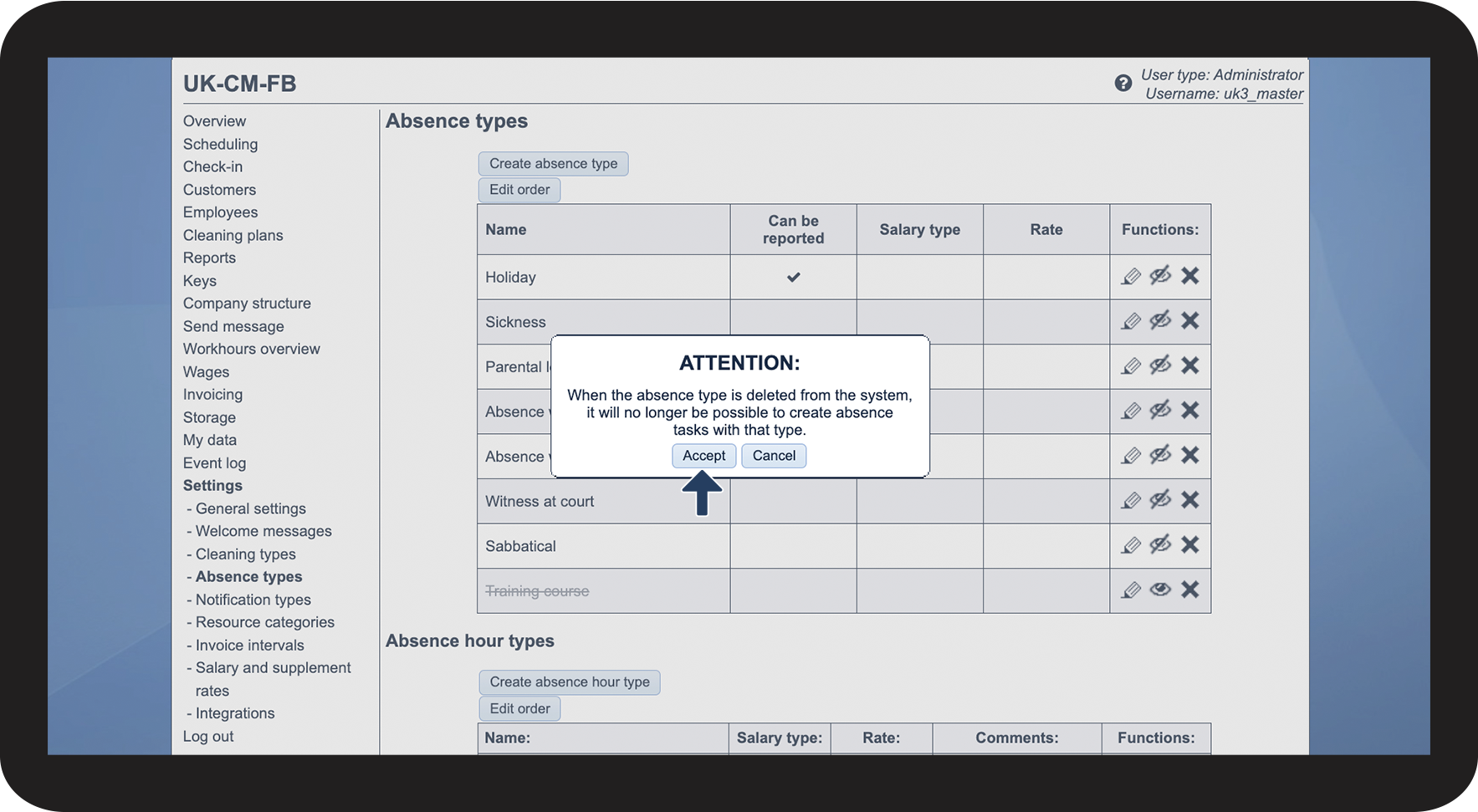 Deleting absence types – CleanManager