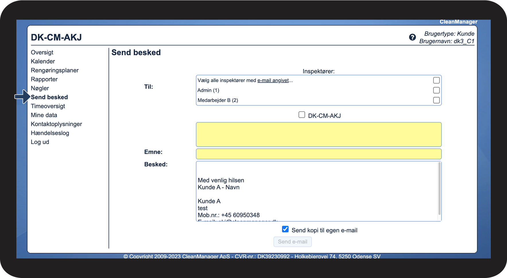 Send besked som kundekontakt – CleanManager