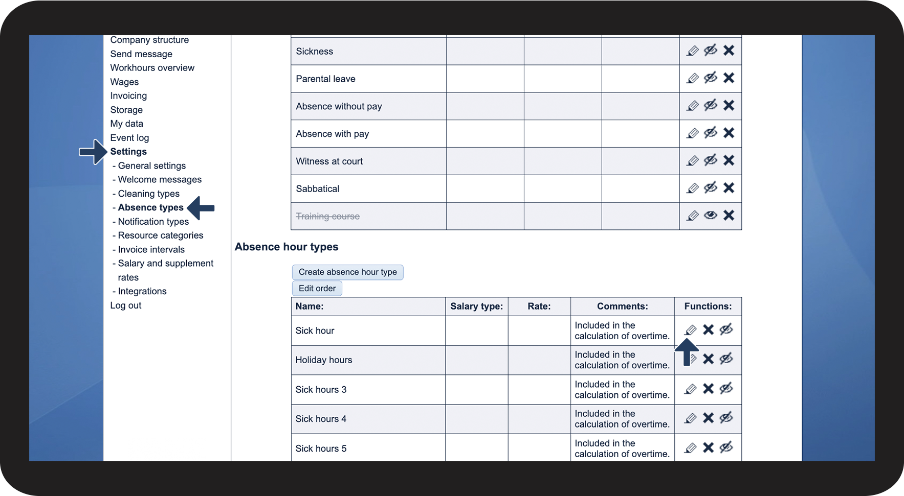 Editing absence hour types – CleanManager