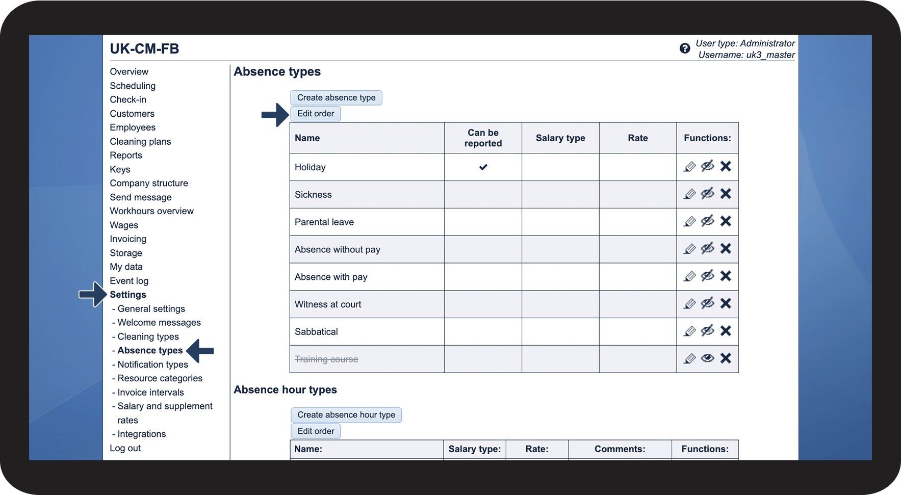 Editing the order of absence types – CleanManager