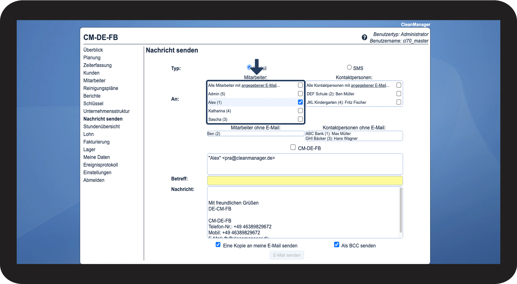 Nachrichten von den Mitarbeiterdaten aus versenden – CleanManager