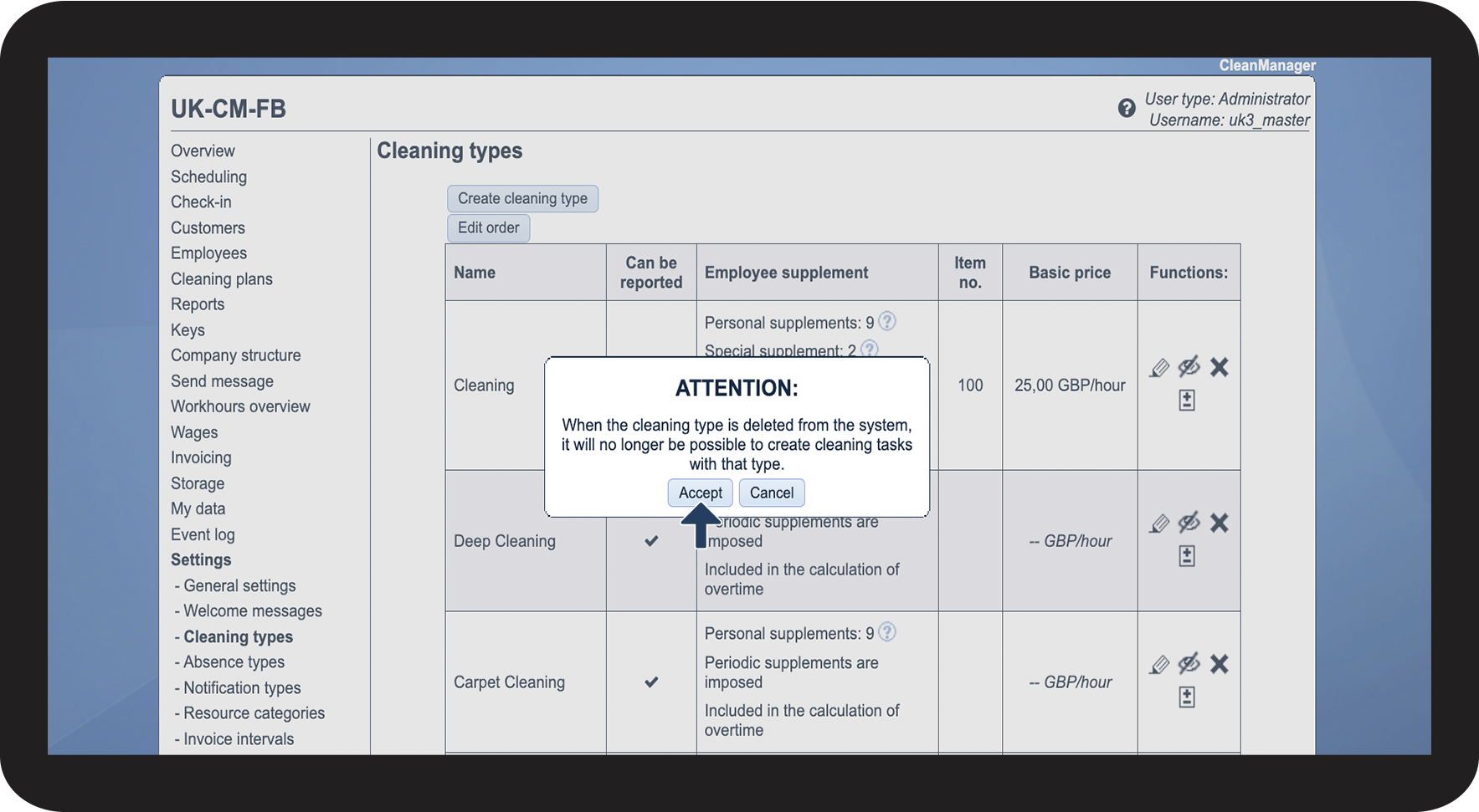Deleting cleaning types – CleanManager
